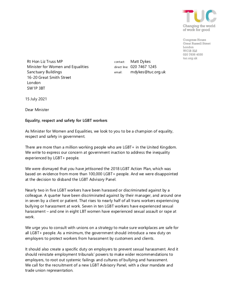 Trade Union collective letter to Liz Truss, calling for equality ...